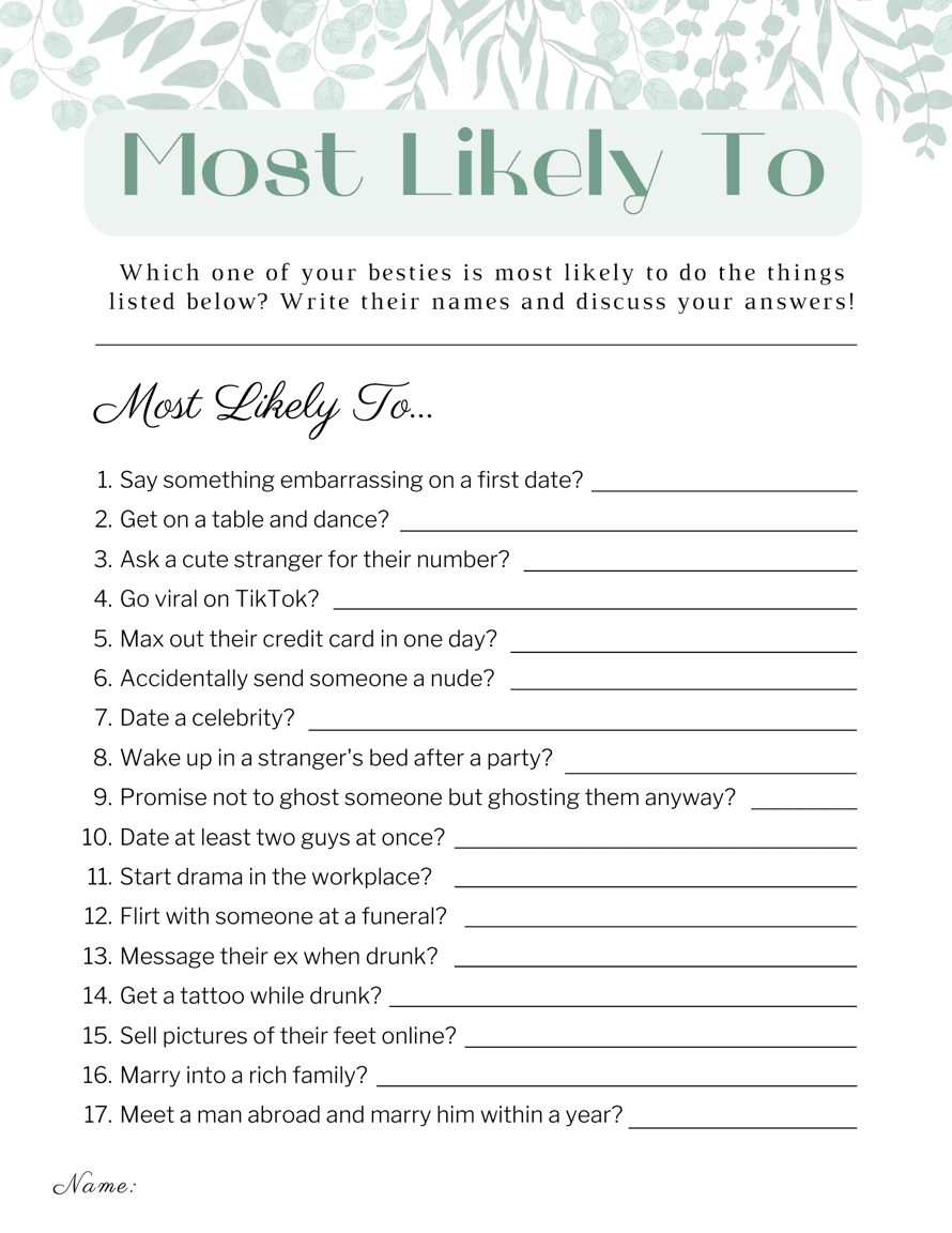 75 Most Likely to Questions for Bachelorette Party (+PDF)